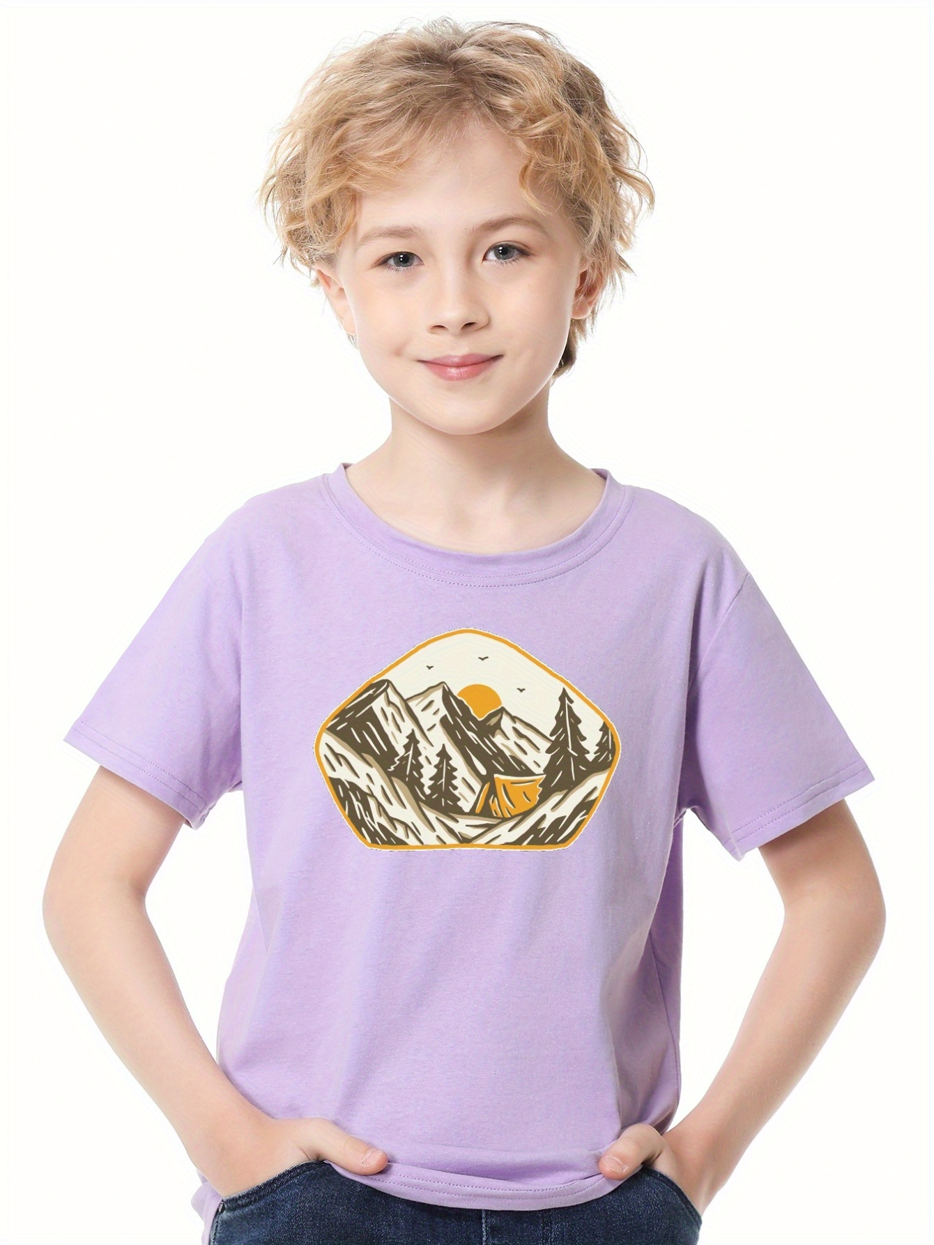 Boys Creative T shirt Mountains Camping Print Casual - Temu New Zealand