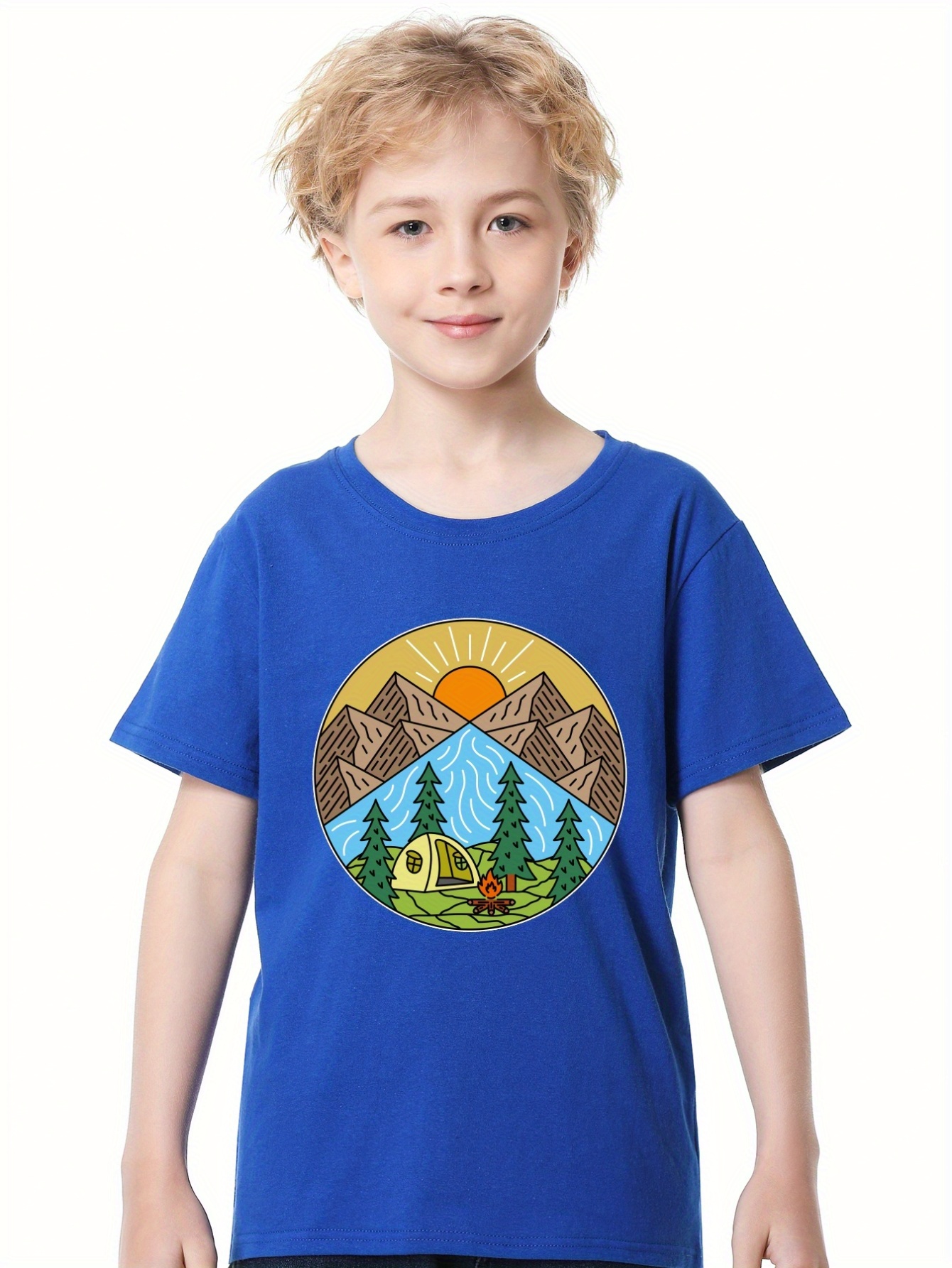 Short Sleeve Cotton Tees Camping Theme Mountains Trees Print - Temu Australia