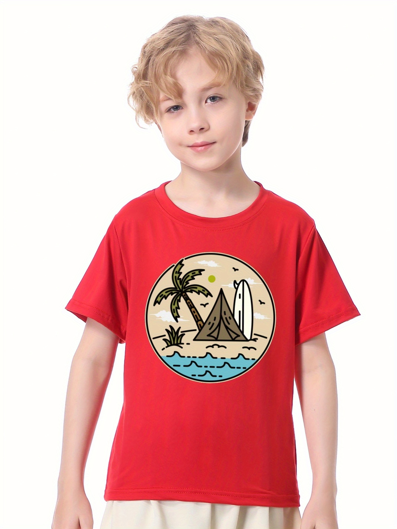 Short Sleeve Cotton Tees Camping Theme Island Print Boys - Temu Australia