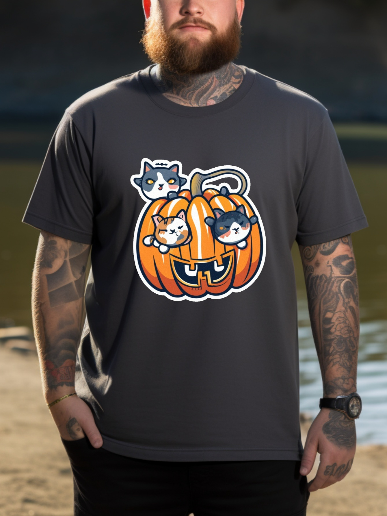 Plus Size Men's T shirt Outdoor Pumpkin Cats Graphic Print - Temu Canada