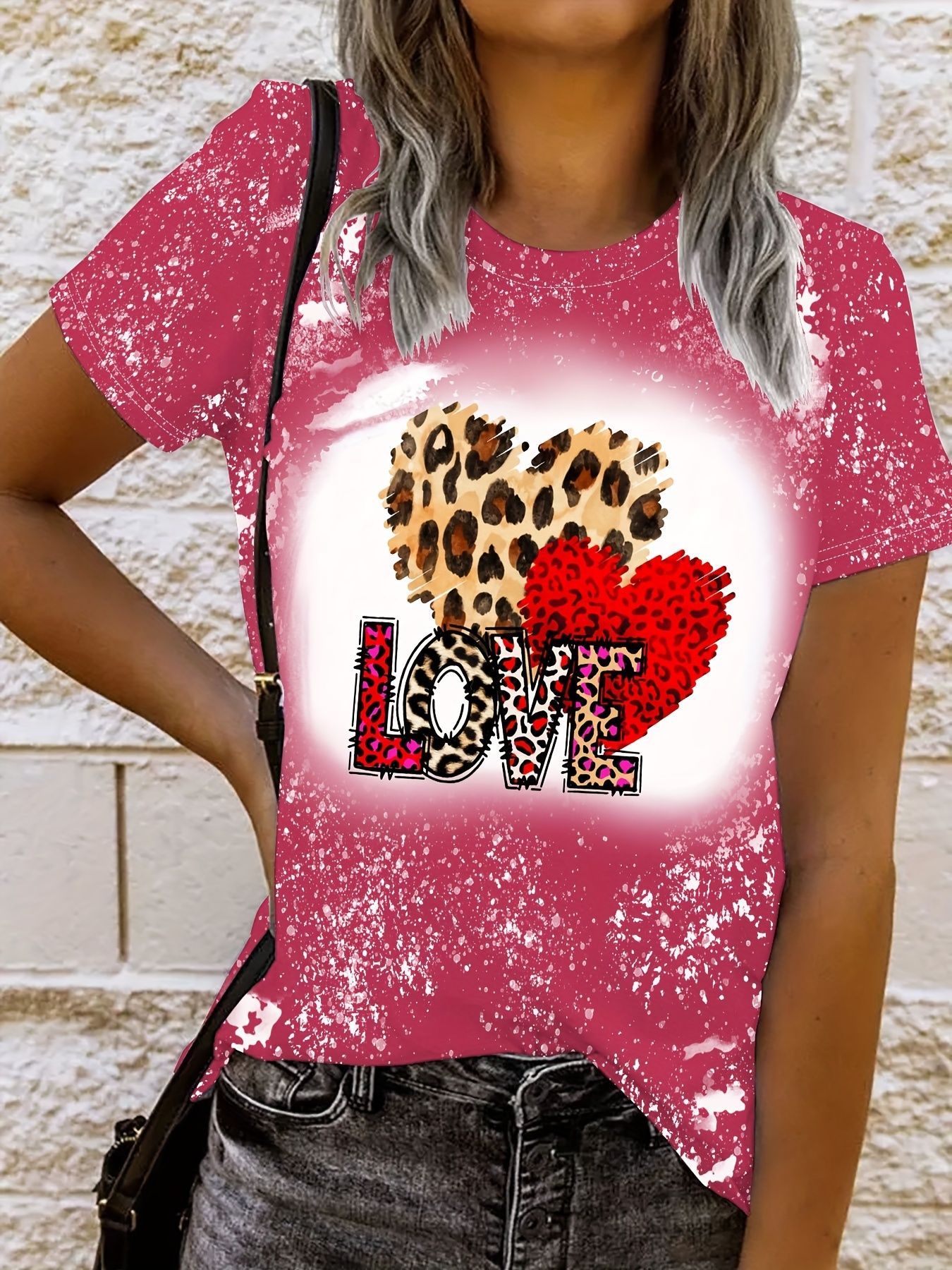 Leopard Heart Letter Print T shirt Short Sleeve Crew Neck - Temu Portugal