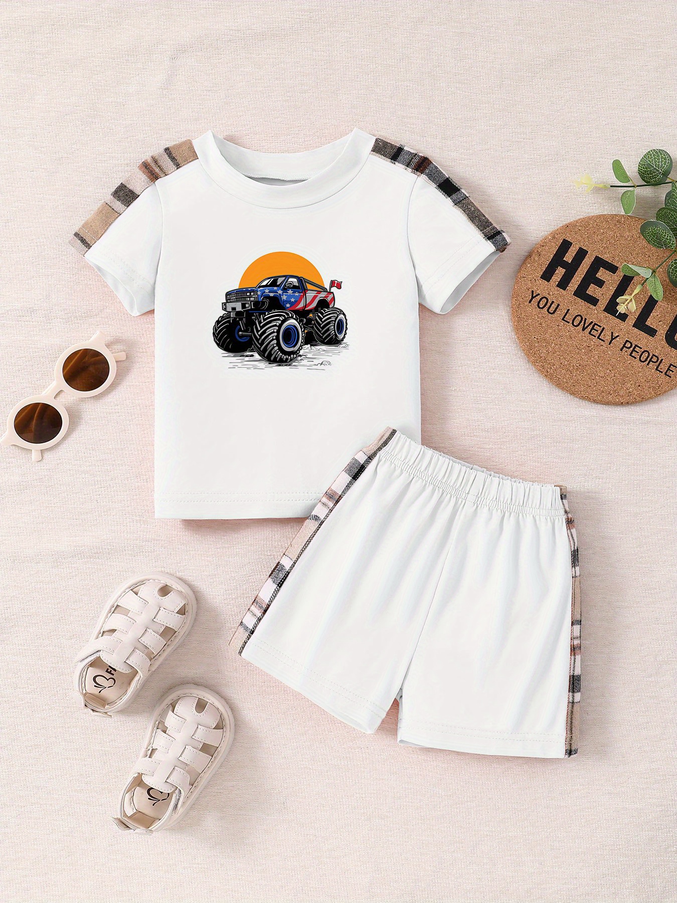 Cartoon Trendy Monster Truck Print Boy's Trendy Outfit Plaid - Temu ...