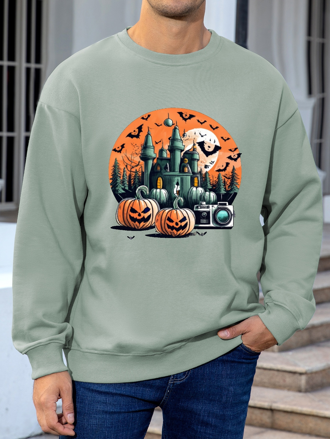 Halloween Theme Pumpkin Print Men's Trendy Sweatshirt Casual - Temu Canada