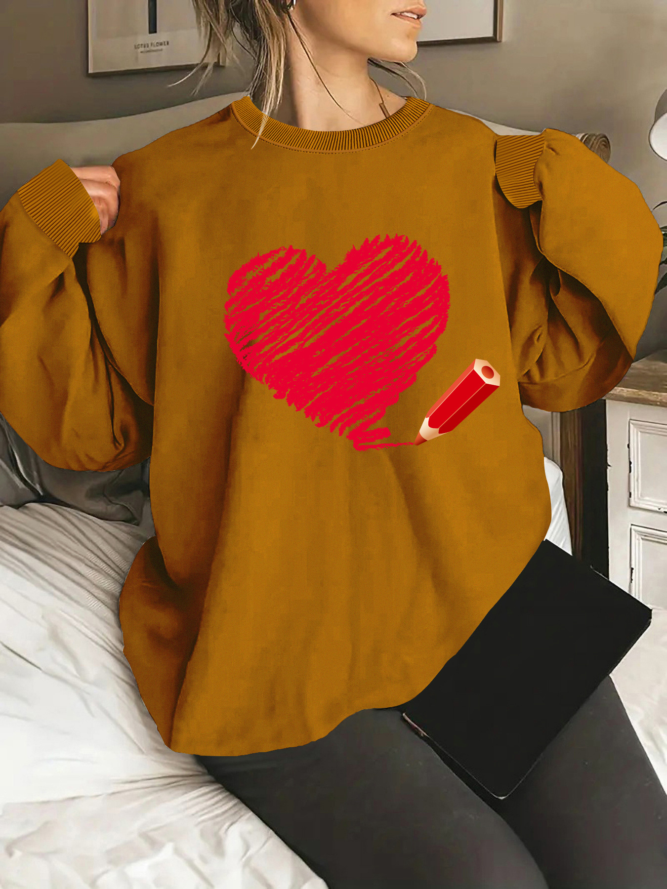 Heart Print Sweatshirt Plus Size Casual Long Sleeve Crew - Temu Canada