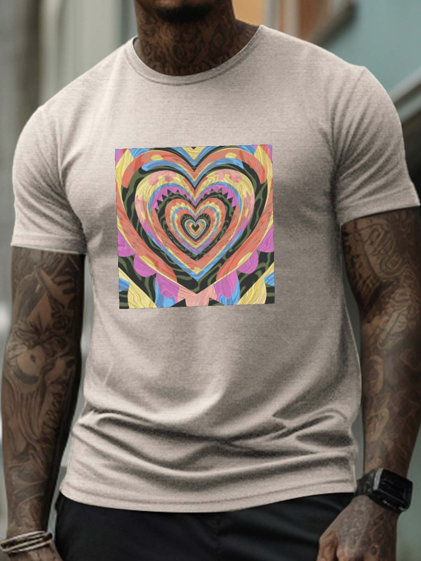 Plus Size Tee 'psychedelic Heart' Graphic Men's Casual T - Temu Canada