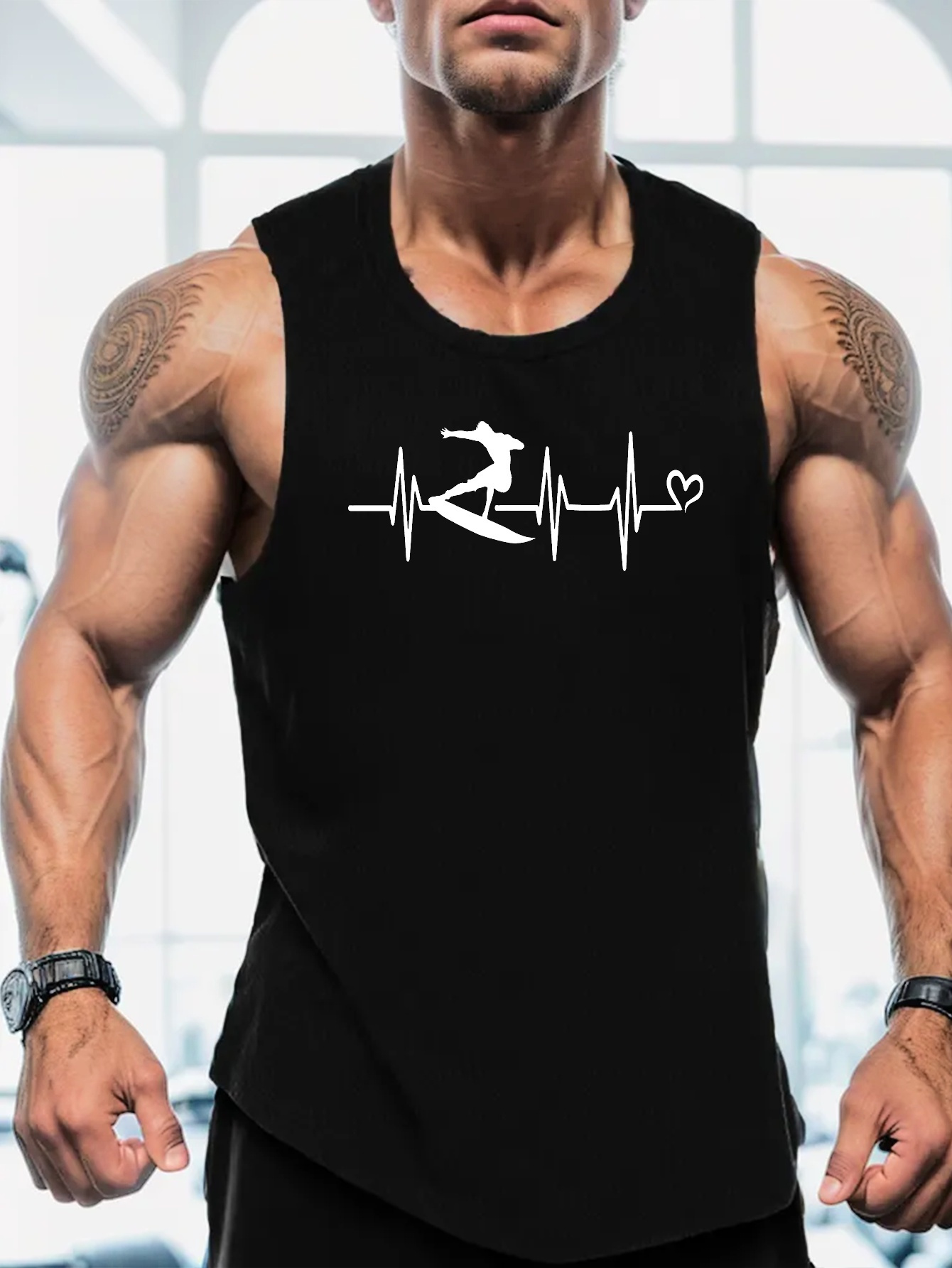 Surfing Heartbeat Print Sleeveless Tank Top Men's Active - Temu Australia