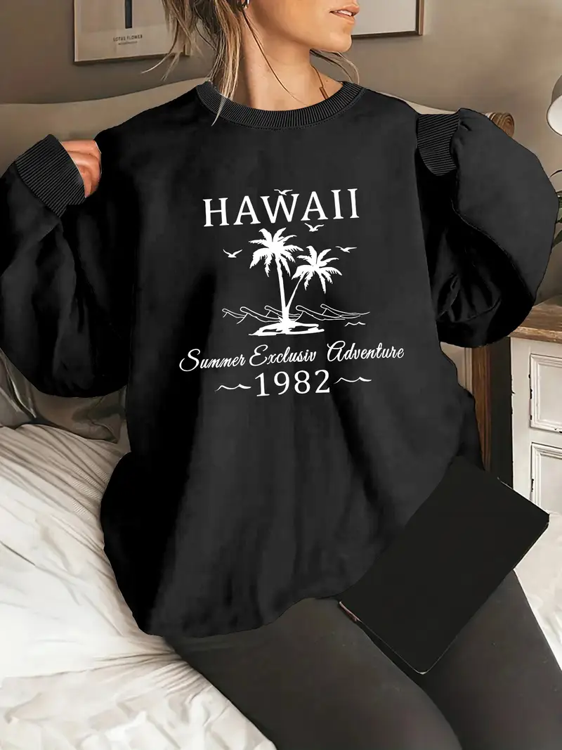 Coconut Tree Letter Print Sweatshirt Plus Size Casual Long Temu Australia