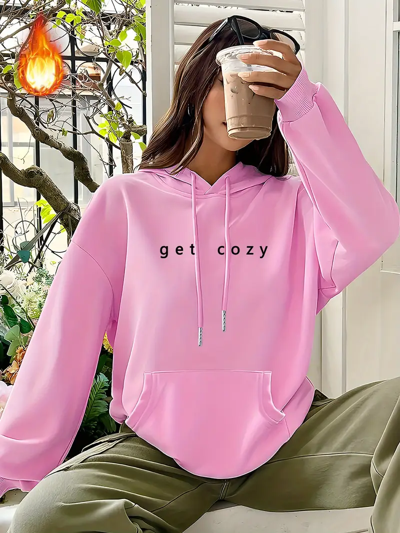 Get Cozy Letter Print Drawstring Kangaroo Pocket Hoodie Temu Denmark