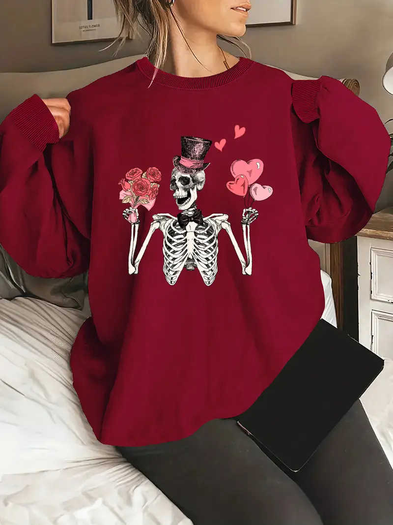 Plus Size Skeleton Flower Print Sweatshirt Casual Long Temu South Africa