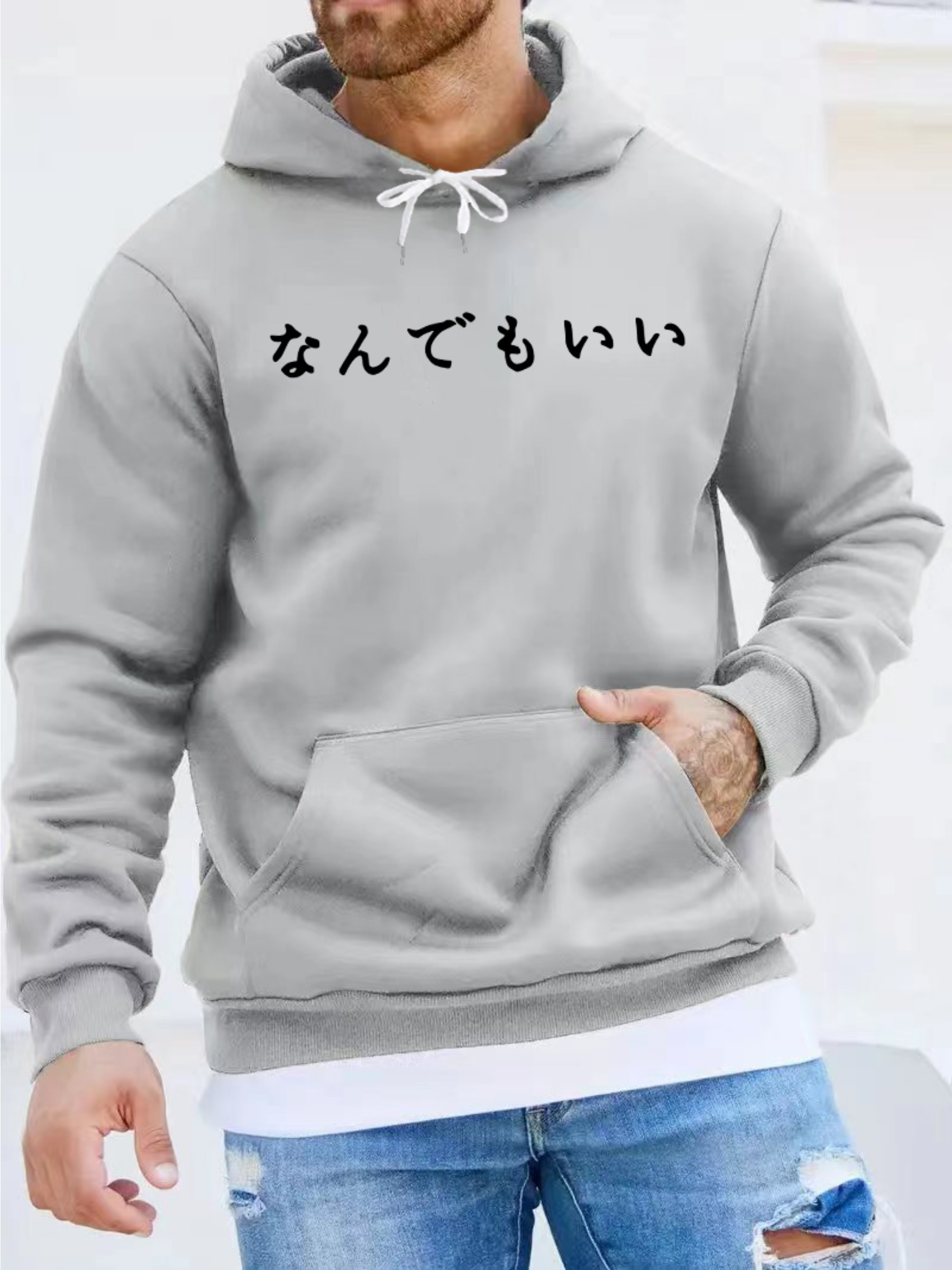 Japanese Character Print Men's Pullover Round Neck Hoodies - Temu Canada