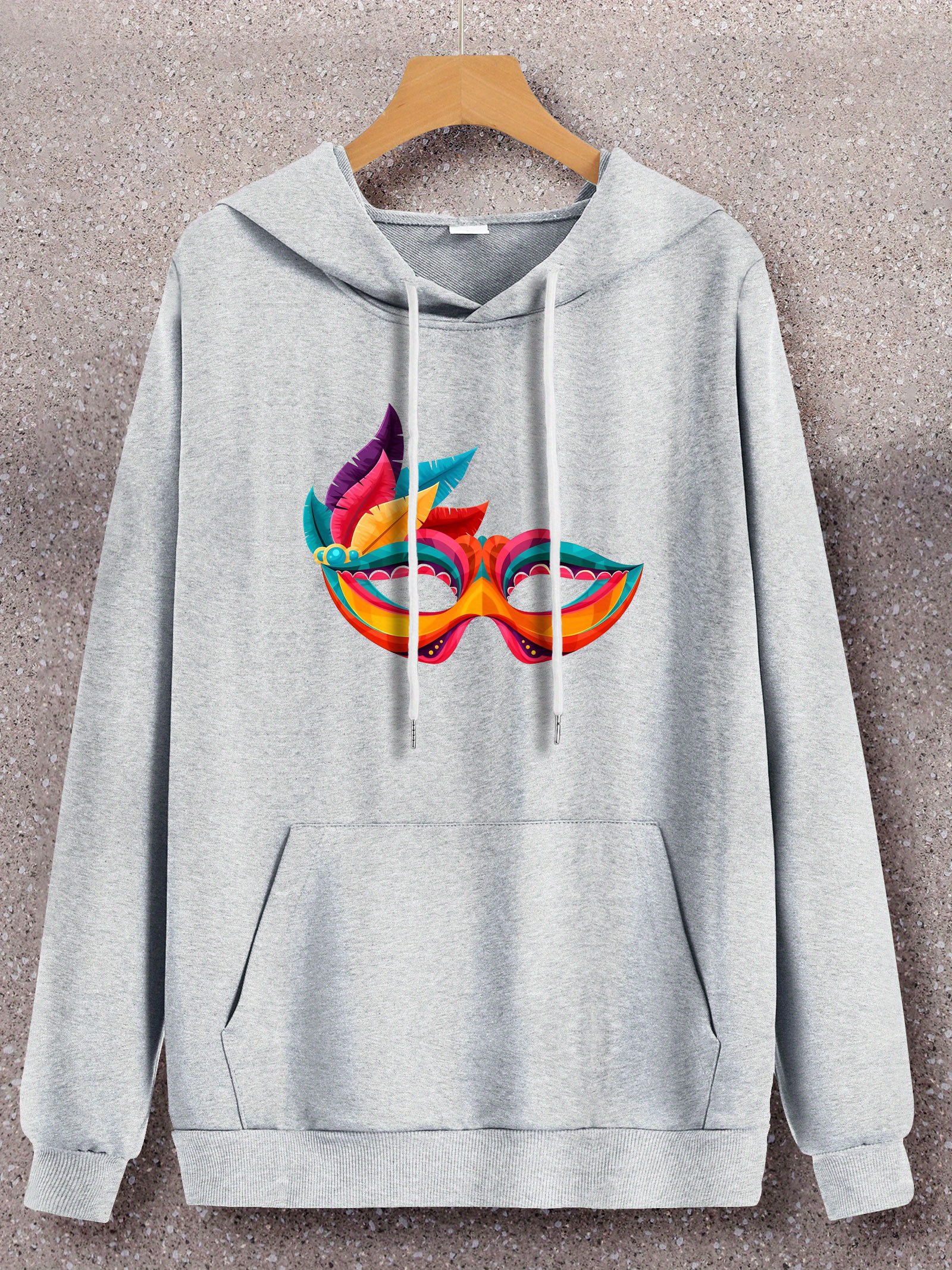 Mask Feather Pattern Print Hooded Sweatshirt Causal Hoodies - Temu New ...