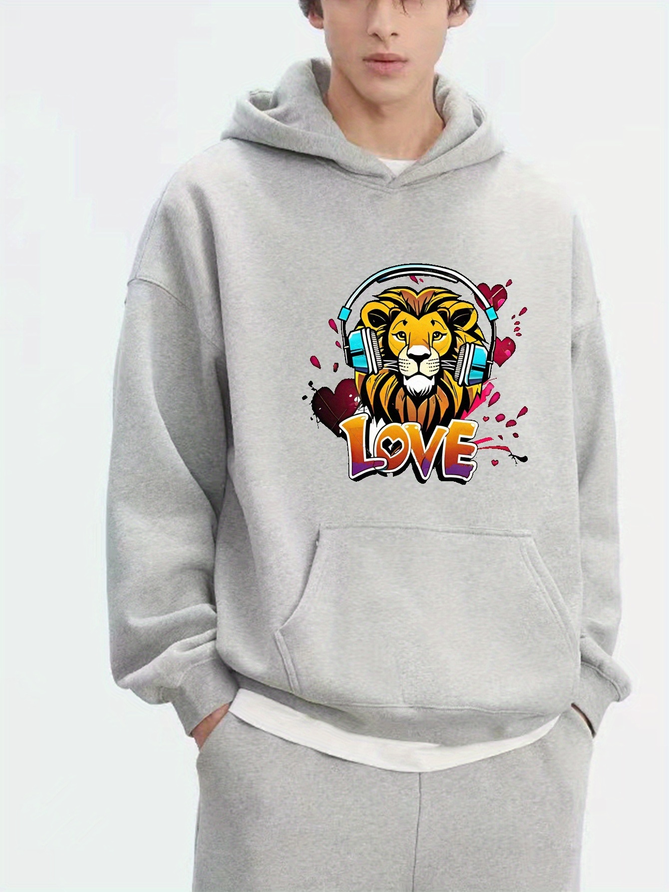 Lion Headphone Print Kangaroo Pocket Hoodie Casual Long - Temu Australia