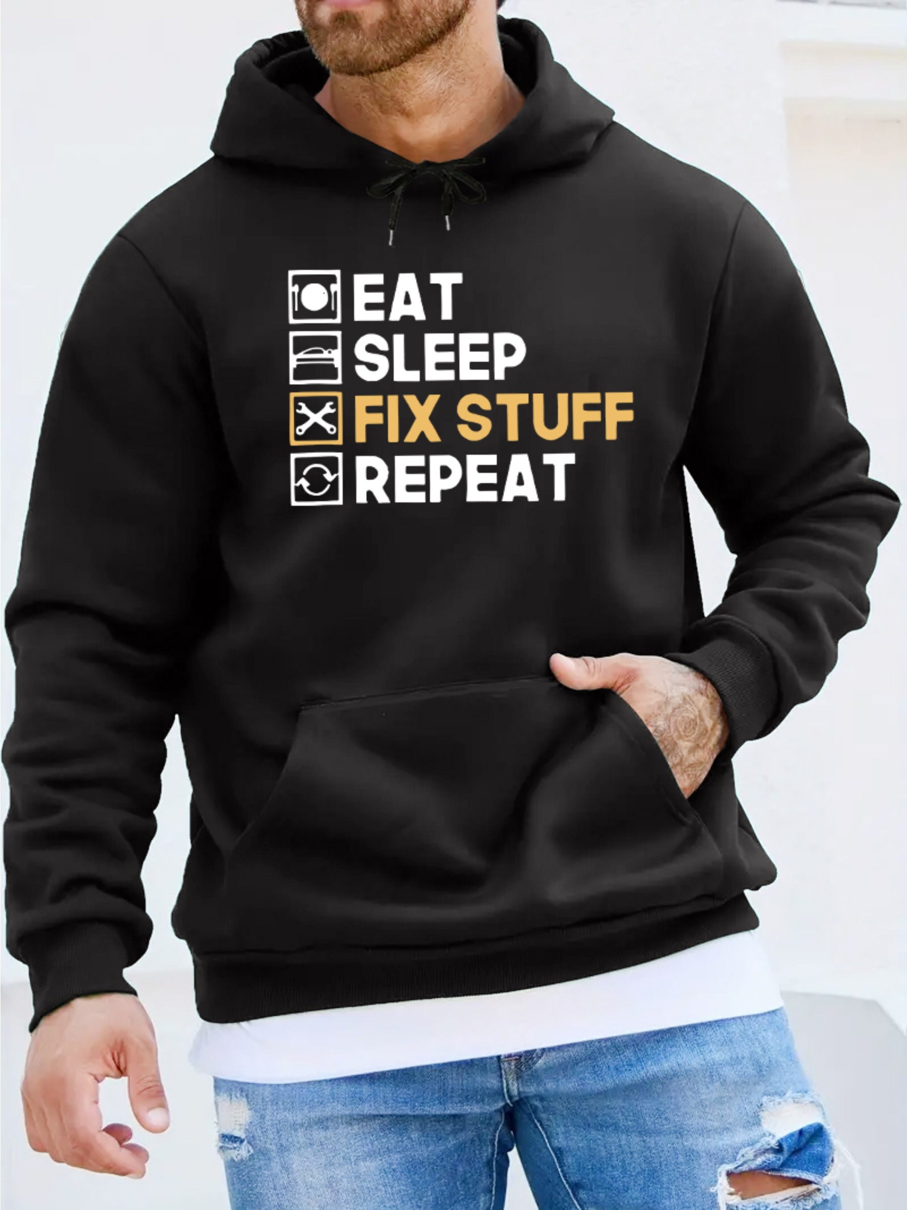 Eat Sleep Fix Stuff Repeat Print Men's Pullover Round Neck - Temu Canada