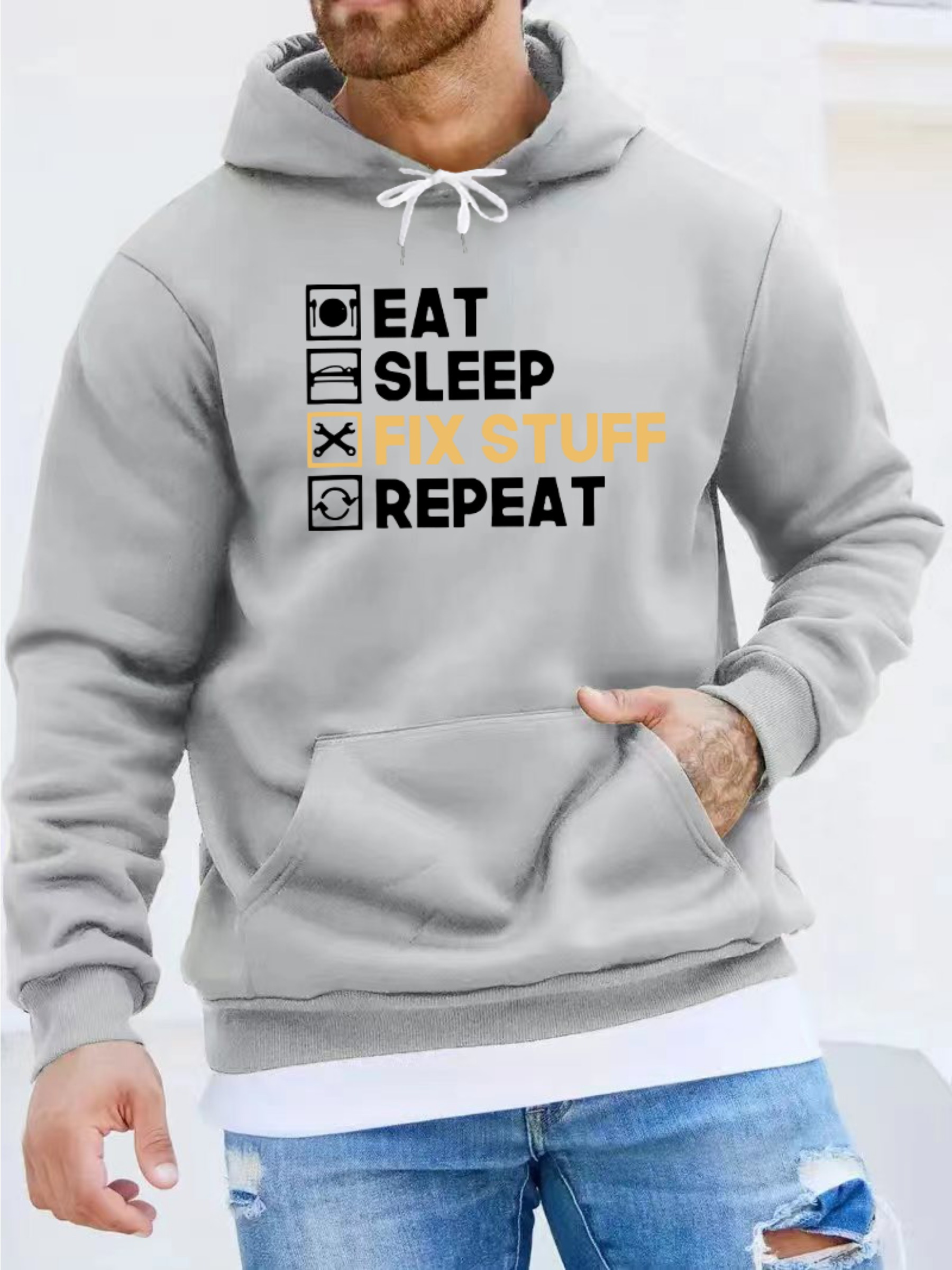 Eat Sleep Fix Stuff Repeat Print Men's Pullover Round Neck - Temu Canada