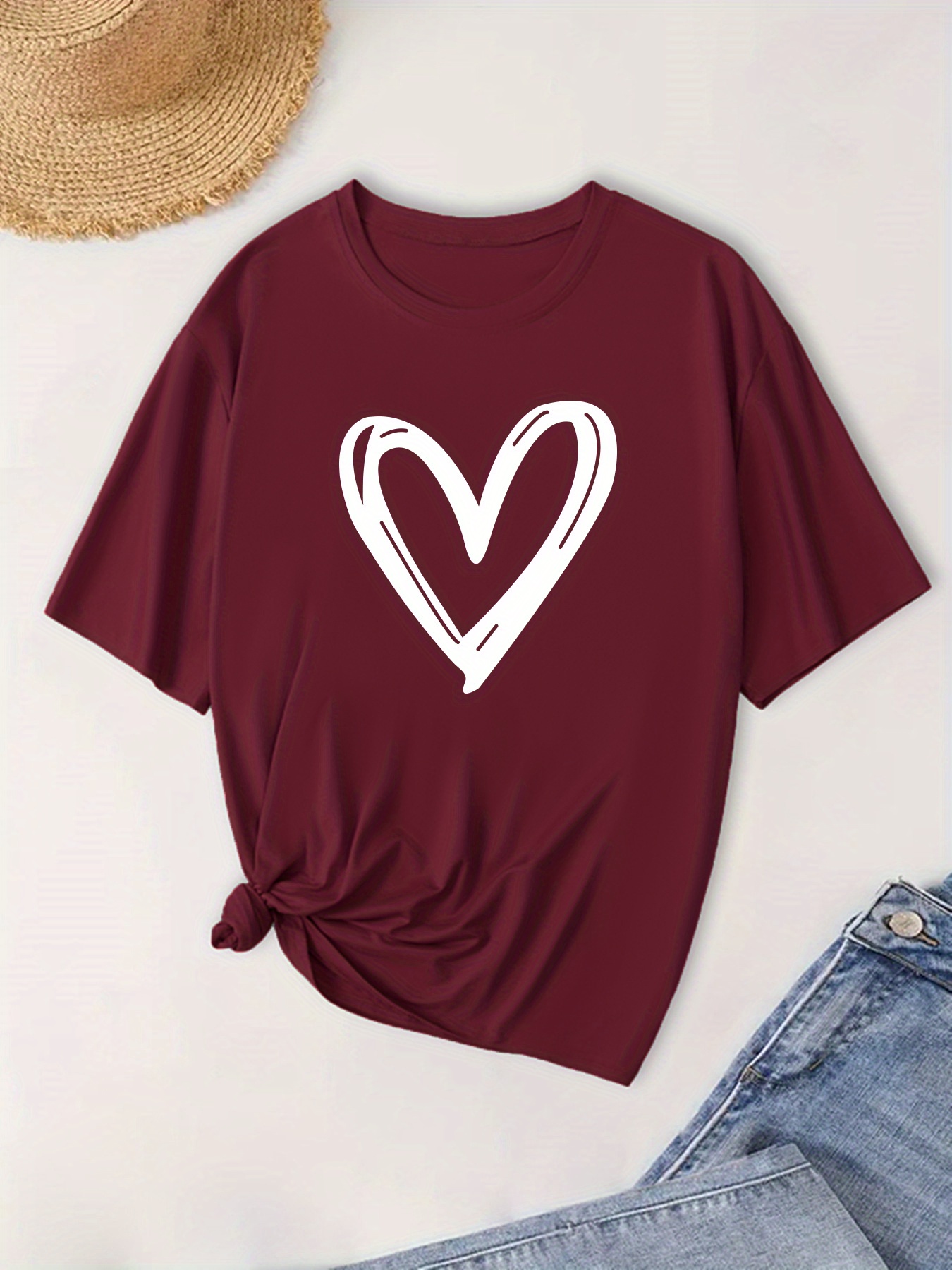 Heart Print T shirt Plus Size Casual Short Sleeve Top Spring - Temu Canada