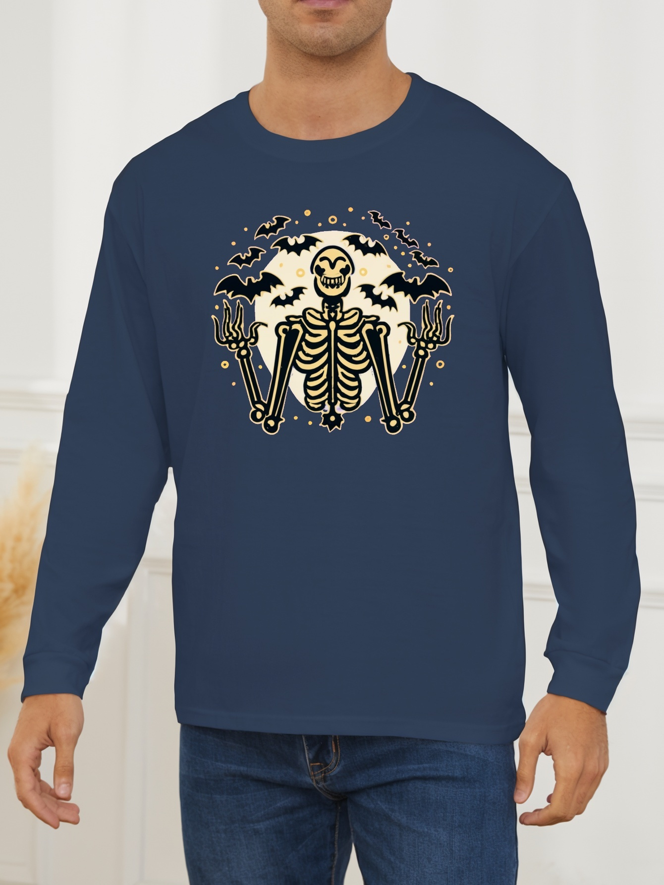 Bats Skeleton Print T Shirt Tees Men Casual Long Sleeve T - Temu Canada