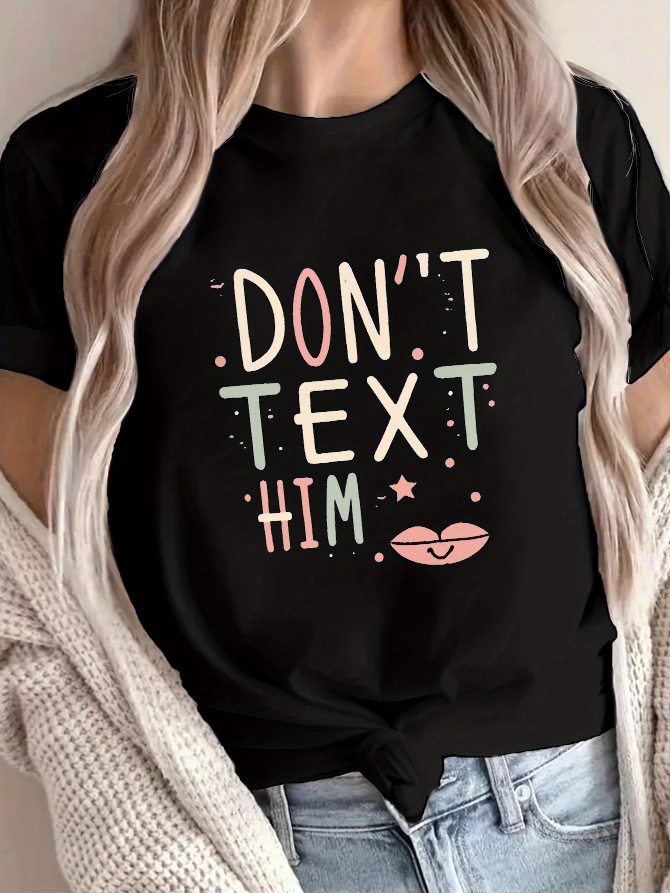 Don't Text Print T shirt Short Sleeve Crew Neck Casual Top - Temu New Zealand