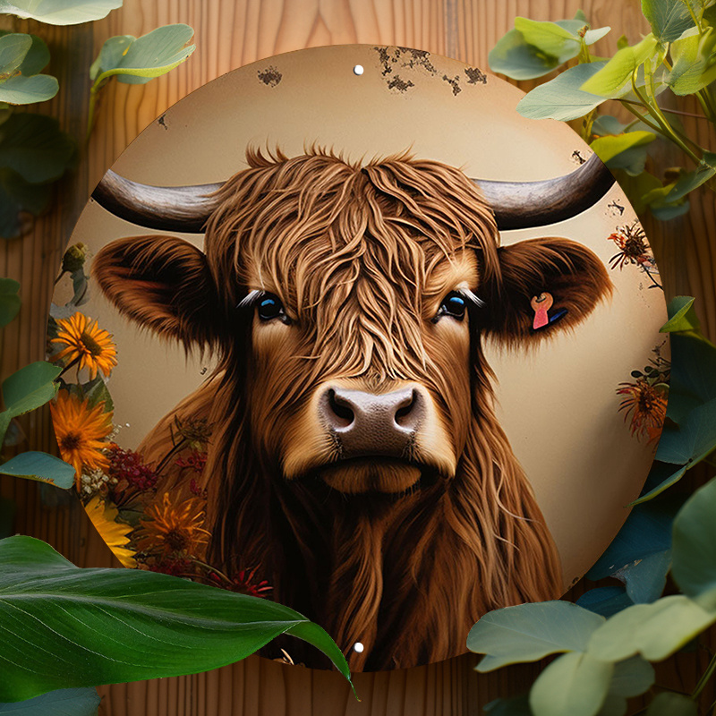 Round Aluminum Sign Metal Sign Brown Cow Wreath Home Garden - Temu ...