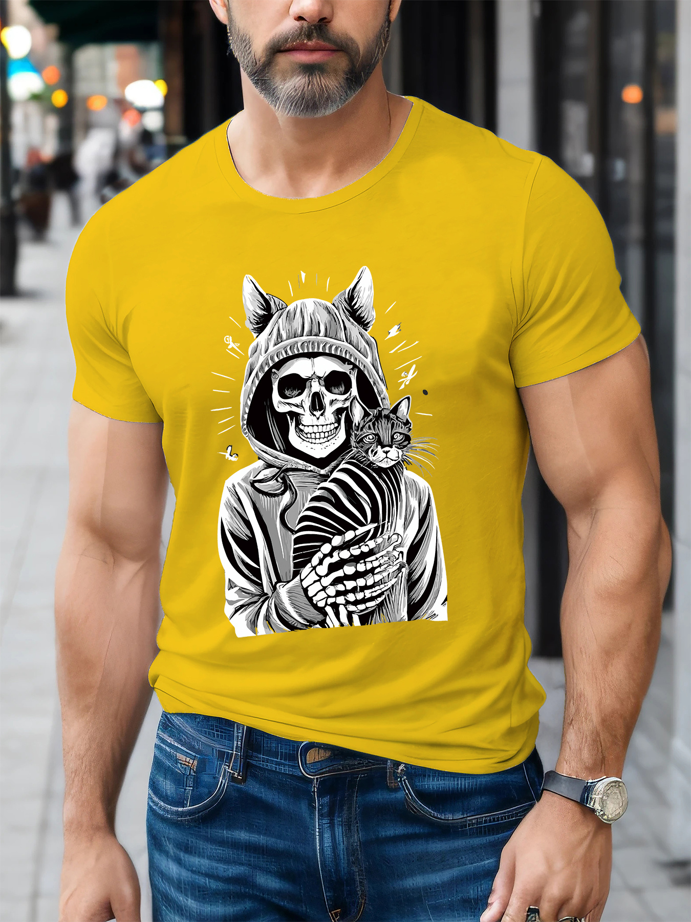 skeleton cat print men's fashion comfy t shirt casual - Temu Australia