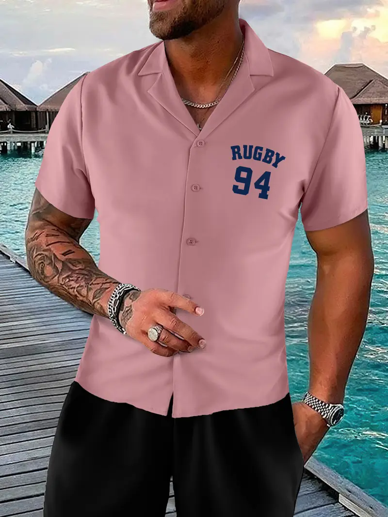Plus Size Rugby 94 Print Mens Solid Lapel Short Sleeve Temu Philippines