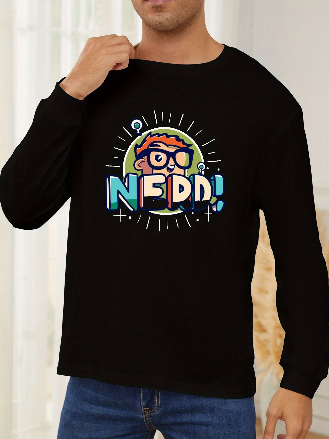 Nerd Print Long sleeved Tops Men Casual Crew Neck Sweatshirt - Temu Australia