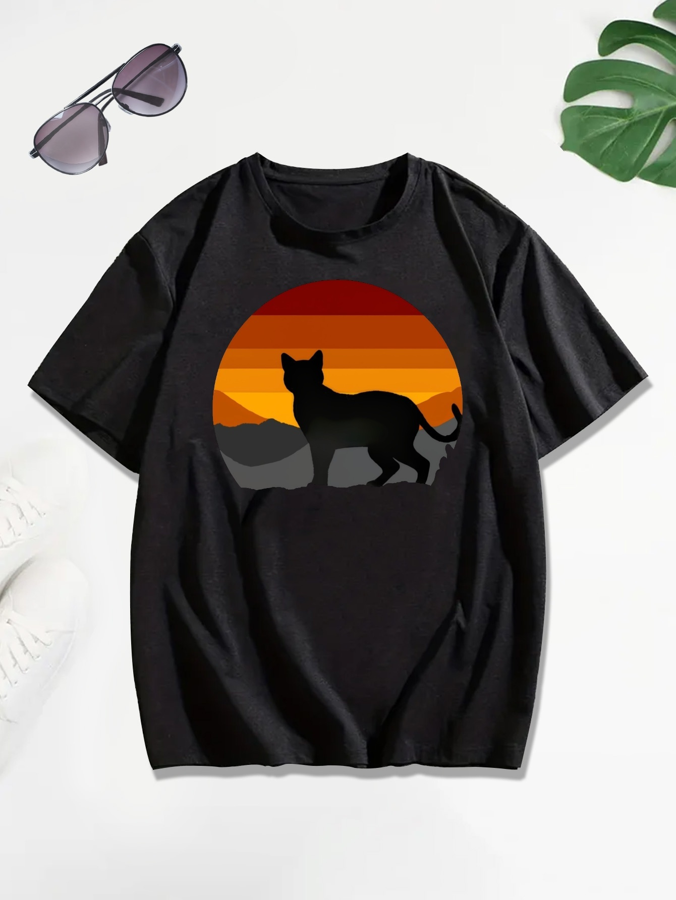 Cat Silhouette Print T Shirt Tees Men Casual Short Sleeve T - Temu Canada