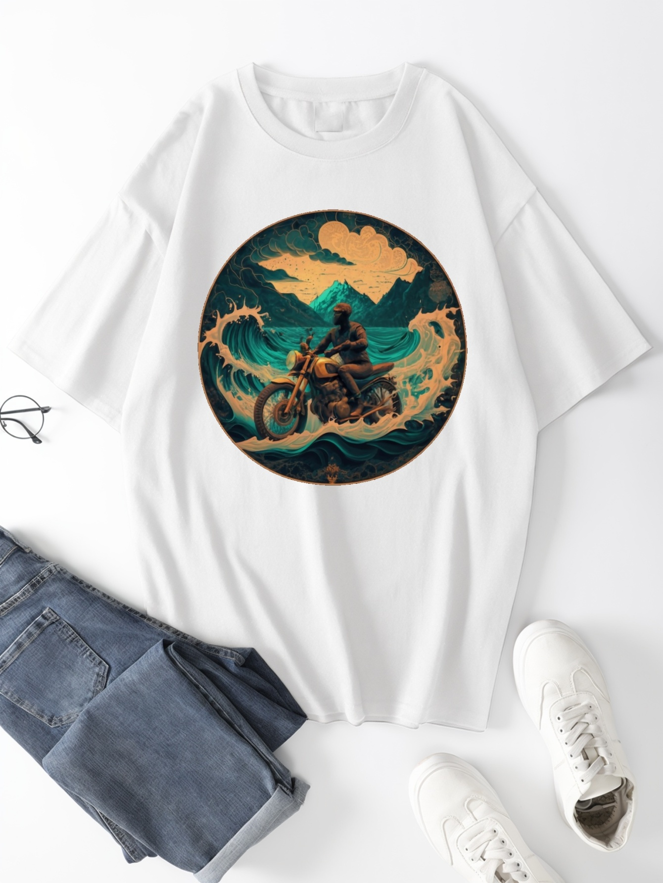 Cool Motorcycle Rider Waves Graphic Print Men's Creative Top - Temu