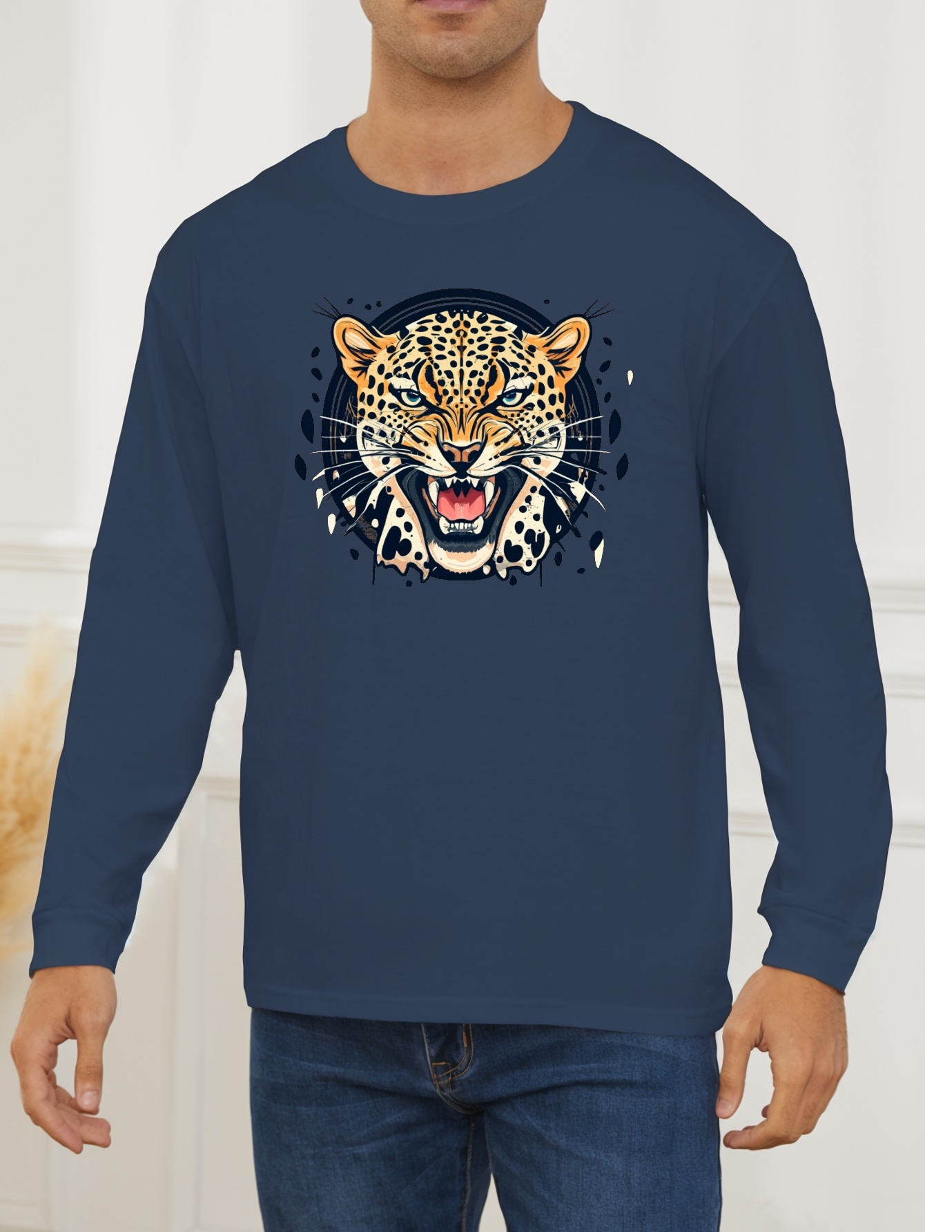 Leopard Logo Print T Shirt Tees Men Casual Long Sleeve T - Temu Canada
