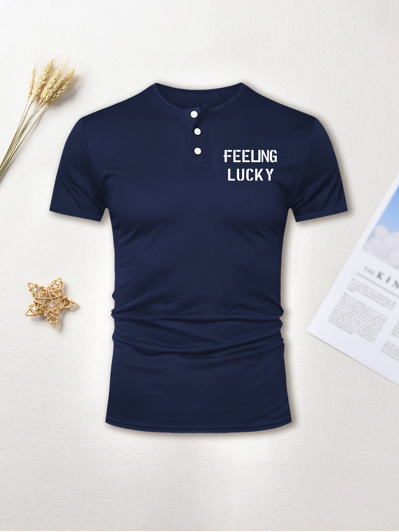 Plus Size Mens Feeling Lucky Graphic Print Henley Shirt Temu