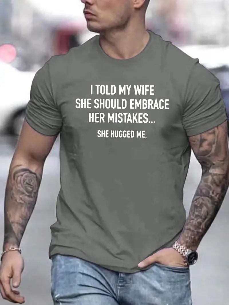 Slogan Print Mens Creative Top Casual Short Sleeve Crew Temu Canada