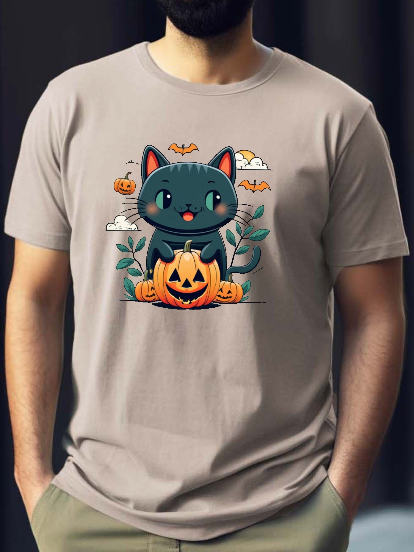 Cartoon Cat Pumpkin Print Tees Men Casual Crew Neck Short - Temu ...