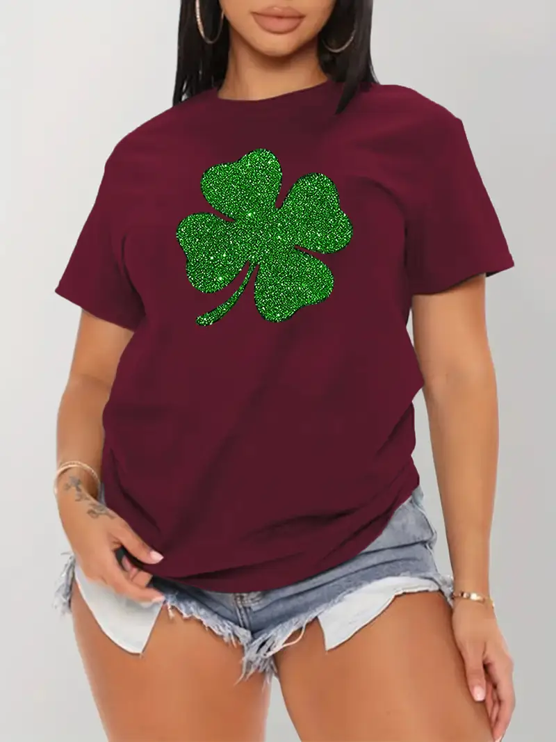 Plus Size Clover Print T Shirt Casual Short Sleeve Top Temu Portugal