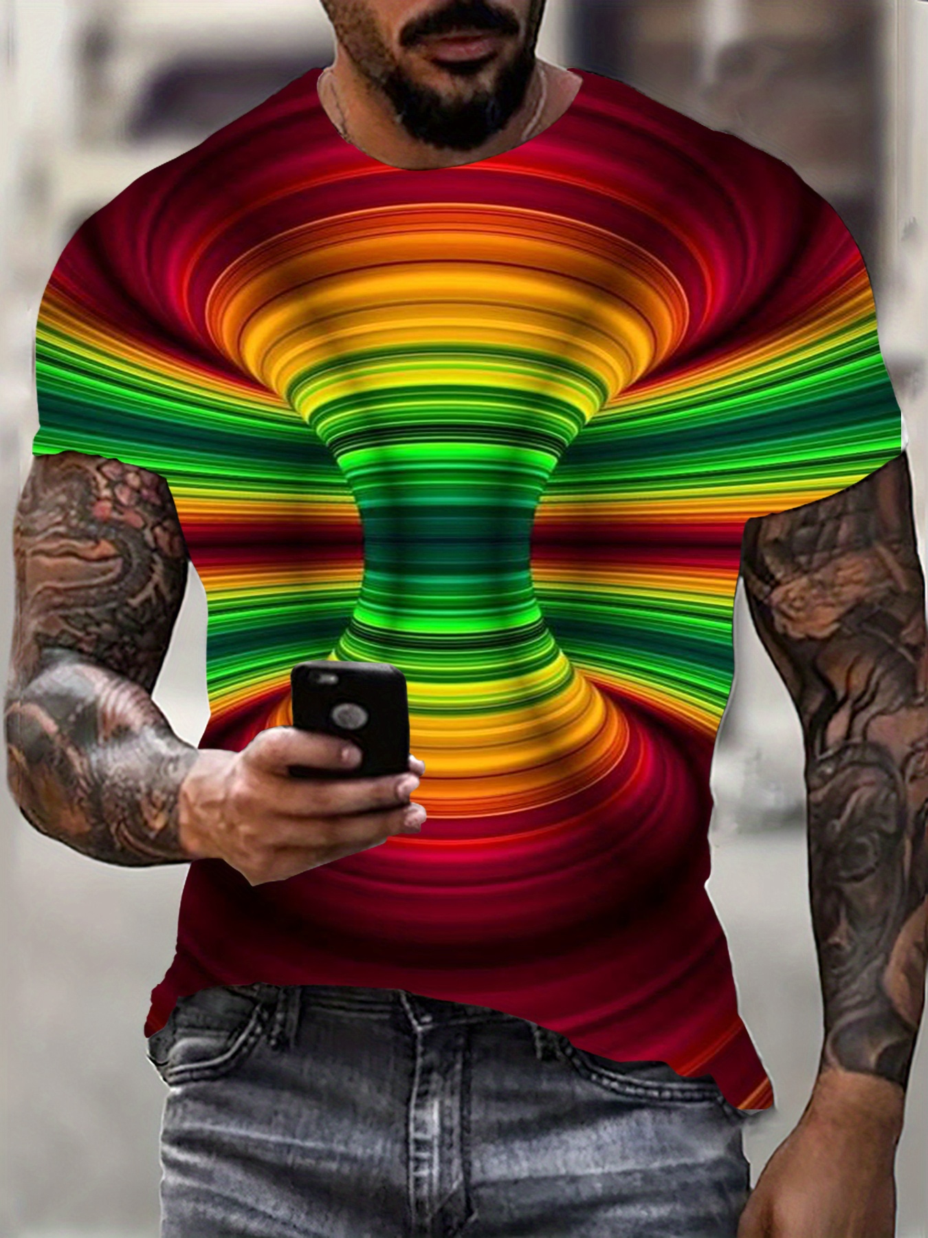 3d Visual Impact Print Men's Fashion Short Sleeve Crew Neck - Temu Canada