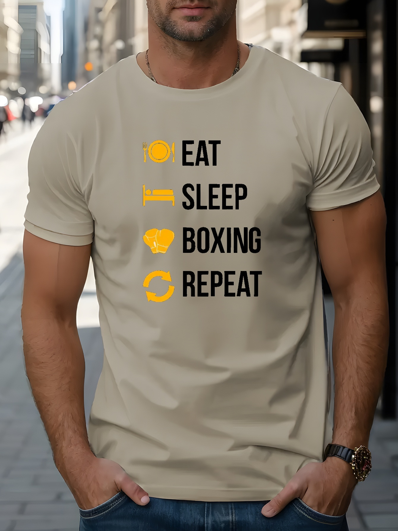 Eat Sleep Boxing Graphic Print Men's Creative Top Casual - Temu Australia