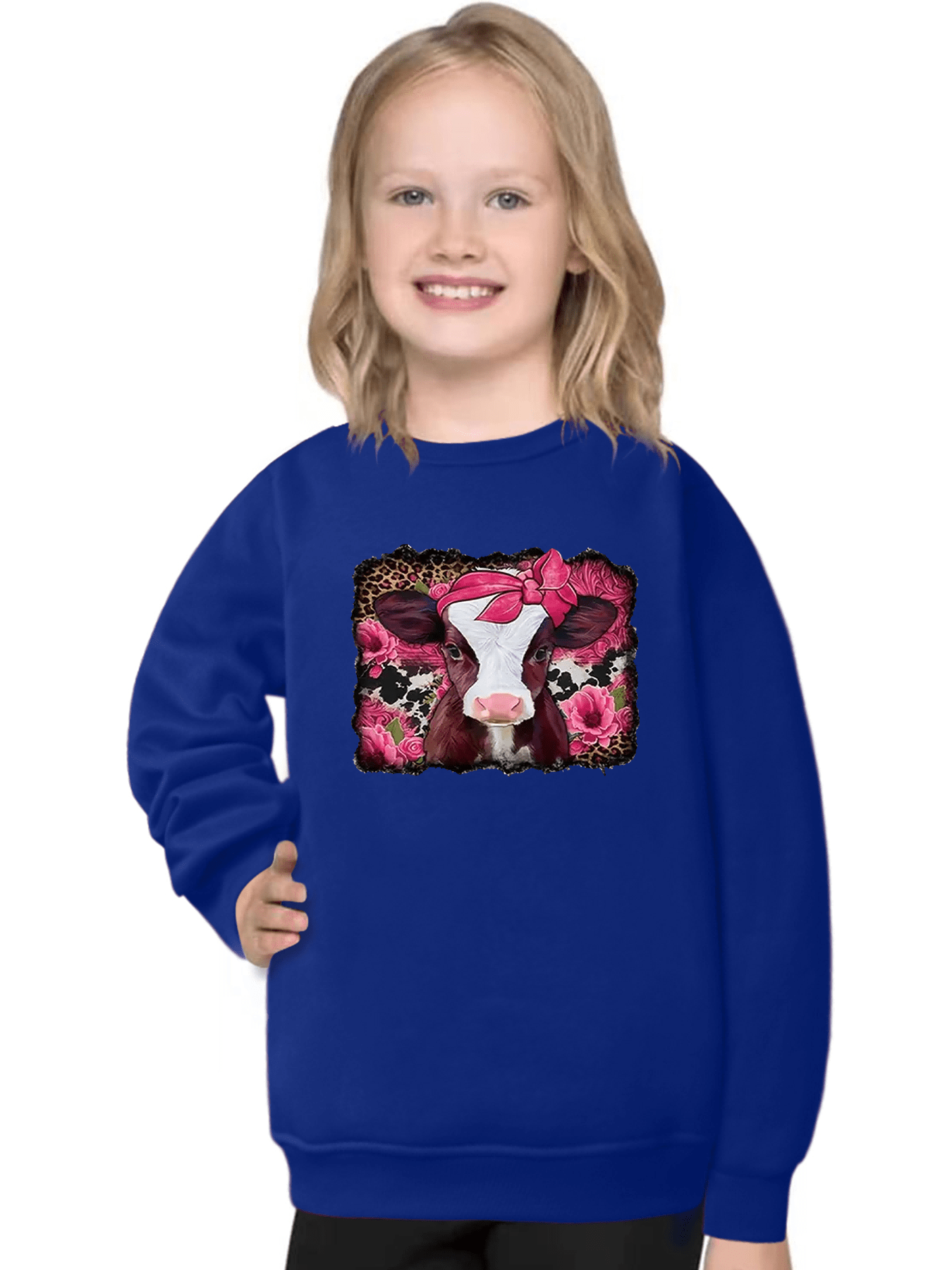 cow with flowers print, girls' long sleeve crew neck warm sweatshirt ...