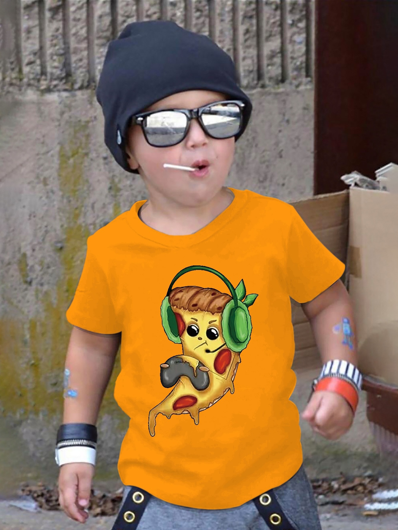 Børns Sommertøj: Tegneseriepizza tryk På Drengens Kortærmede - Temu Denmark