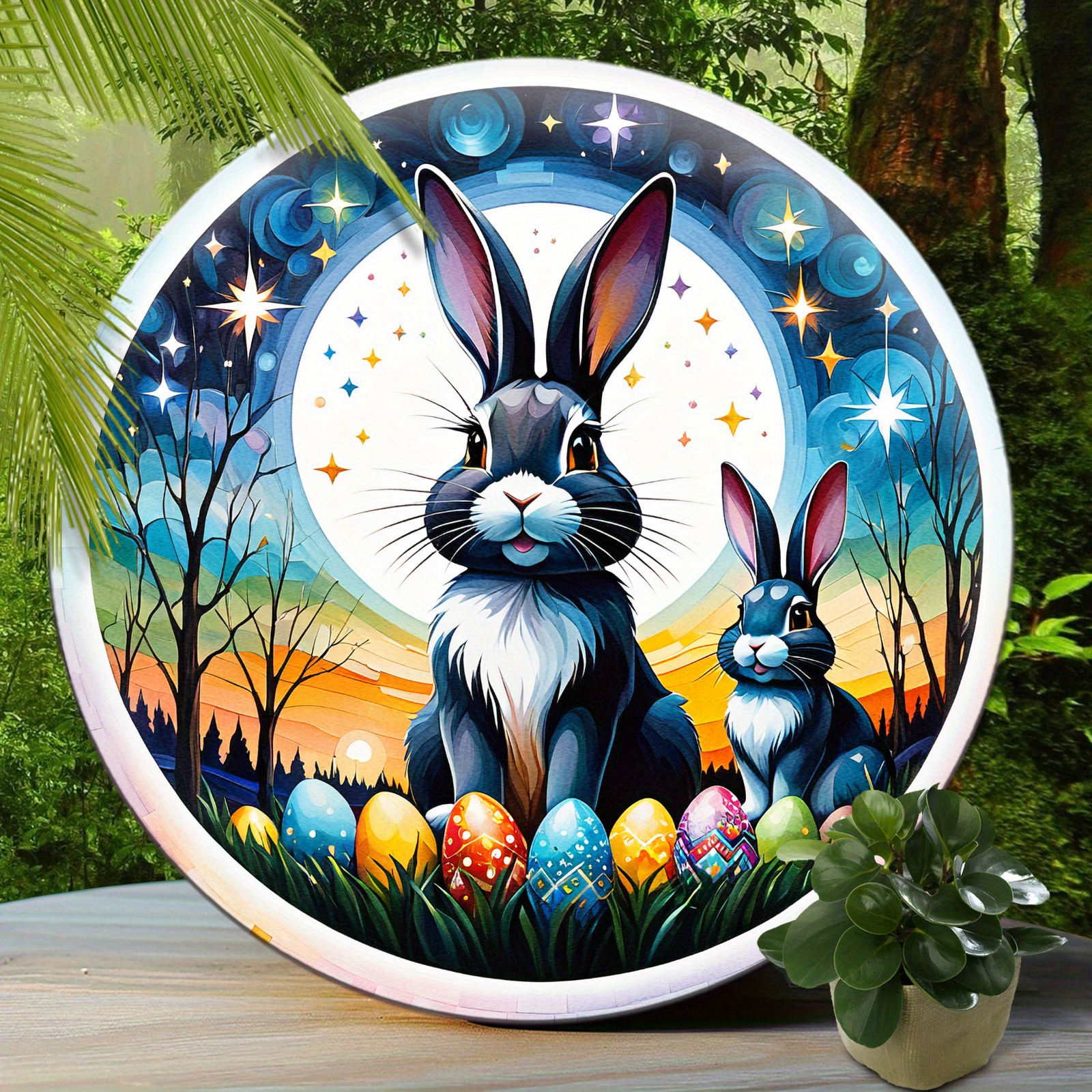 easter bunny starry night aluminum wall sign round decor - Temu Canada