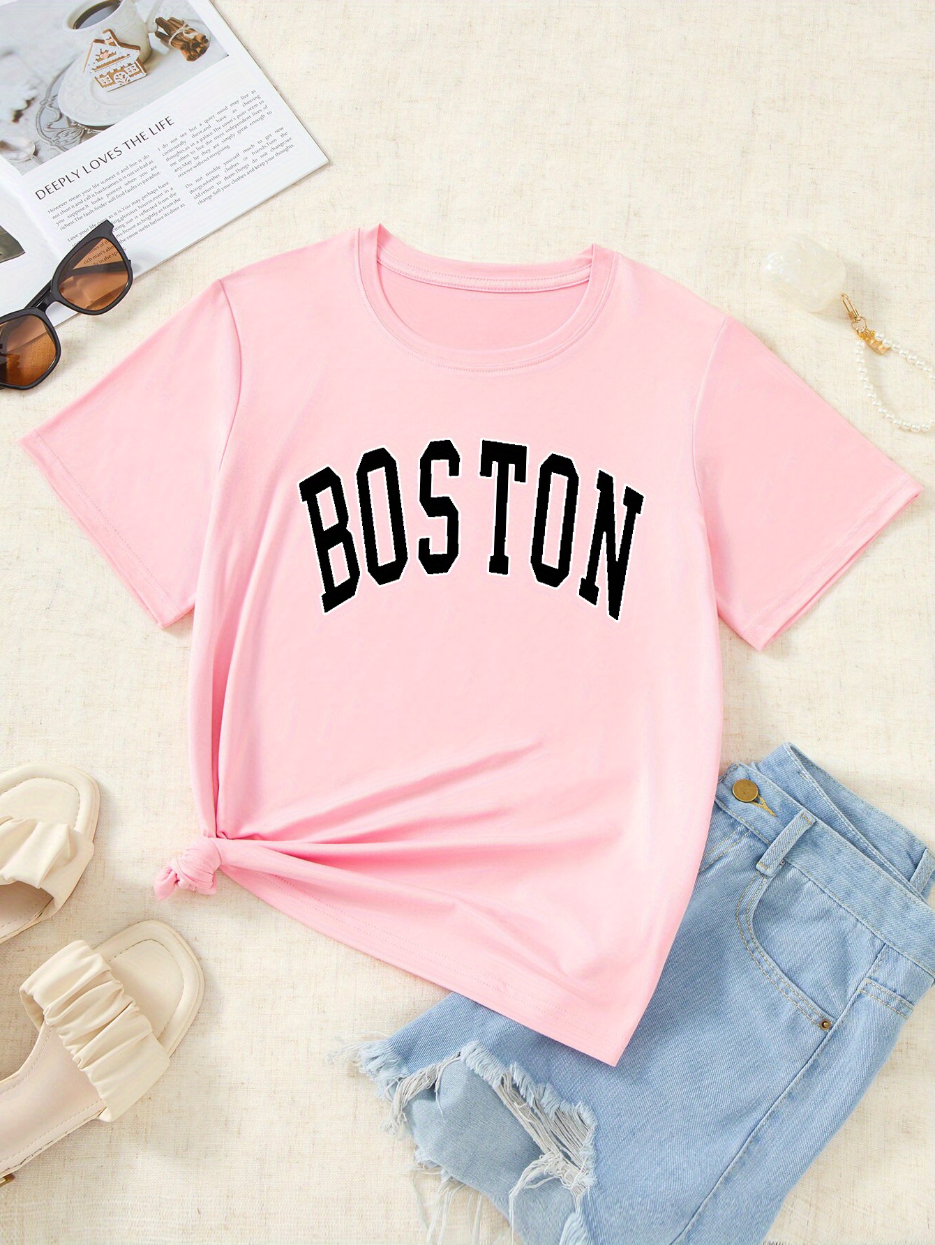 Boston Letter Print T shirt Casual Crew Neck Short Sleeve - Temu
