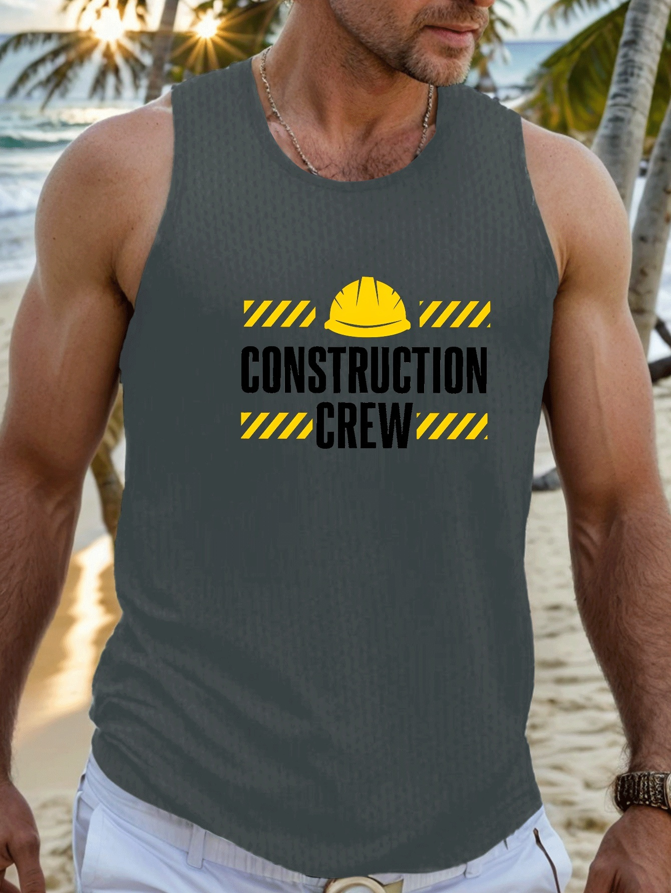 Plus Size Construction Crew Print Tank Top Men Casual - Temu New Zealand