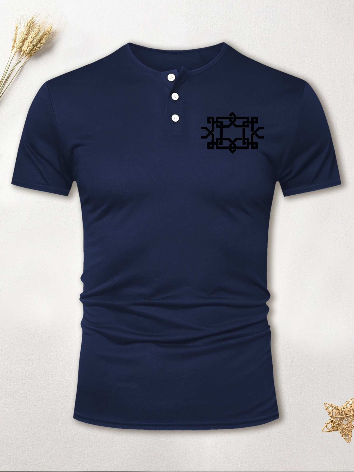 men's plus size black henley shirt white geometric pattern - Temu Canada