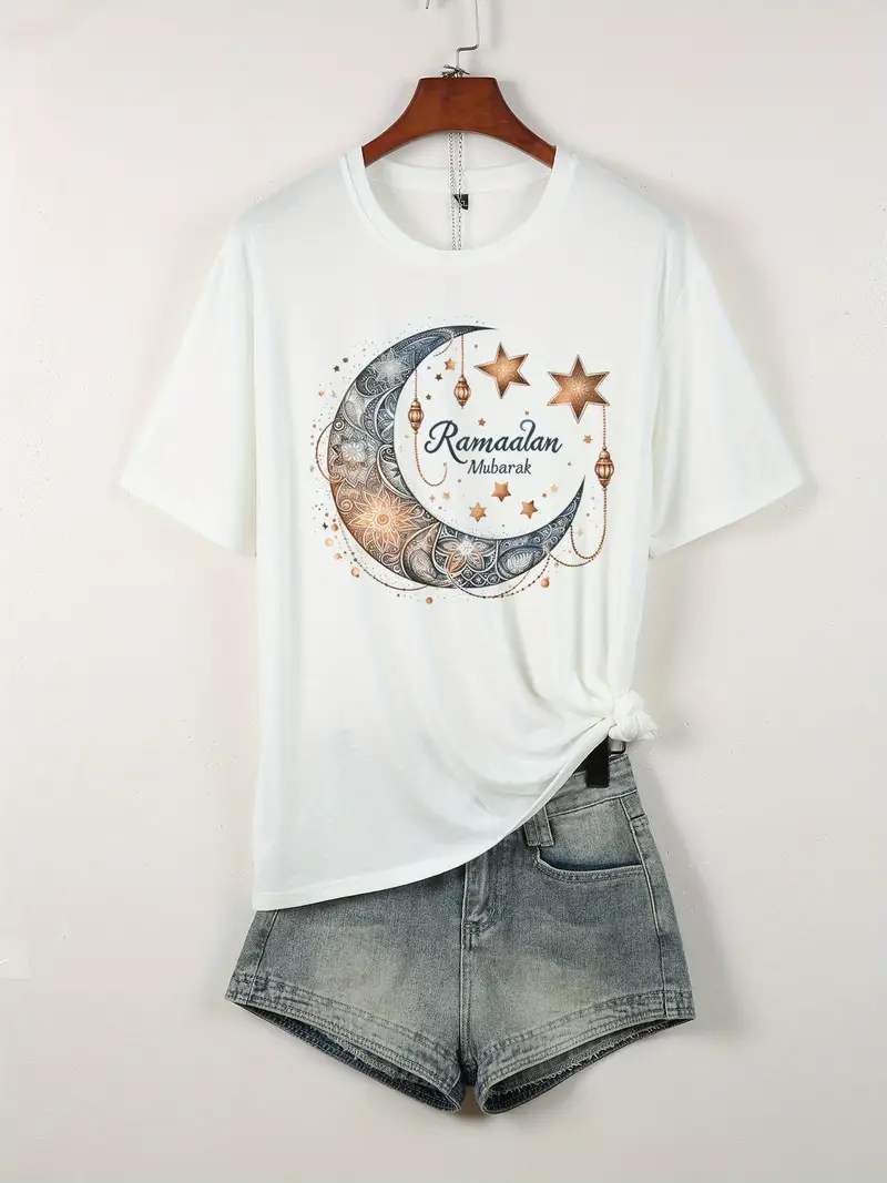 Moon Print T Shirt Plus Size Casual Crew Neck Short Sleeve T Temu Canada