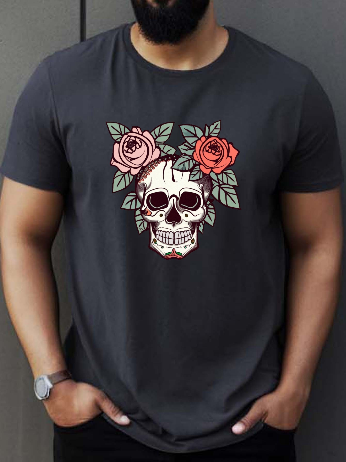 Cartoon Skull Roses Print Crew Neck T shirt Men Casual Short - Temu Ireland