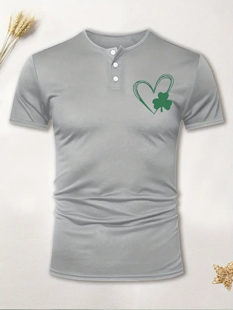 Plus Size Mens Heart Leaf Graphic Print Henley Shirt Summer Temu Canada
