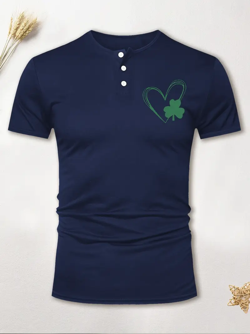 Plus Size Mens Heart Leaf Graphic Print Henley Shirt Summer Temu Canada