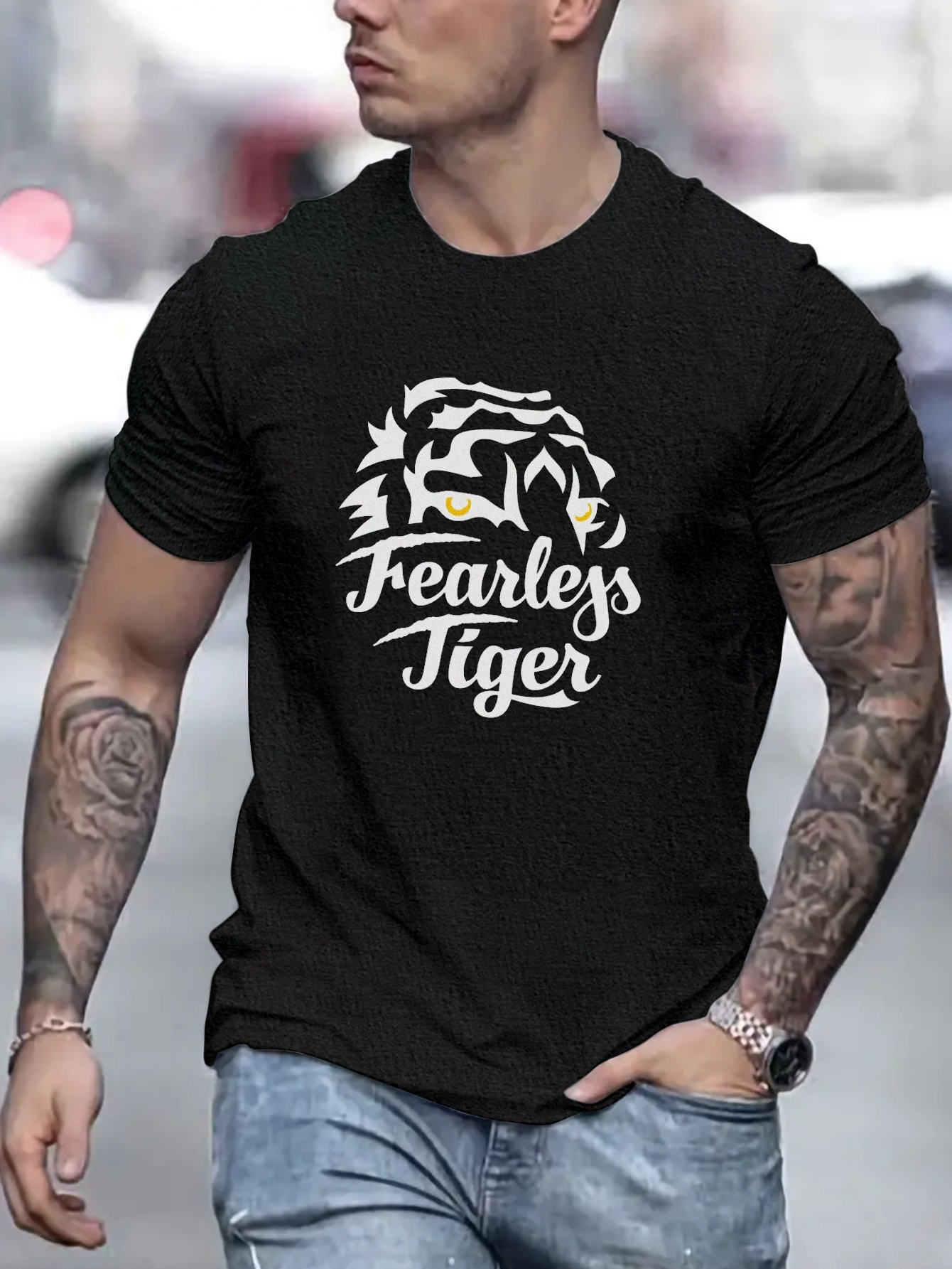 Plus Size 'fearless Tiger' Print Men's Fashion T shirt Short - Temu Canada