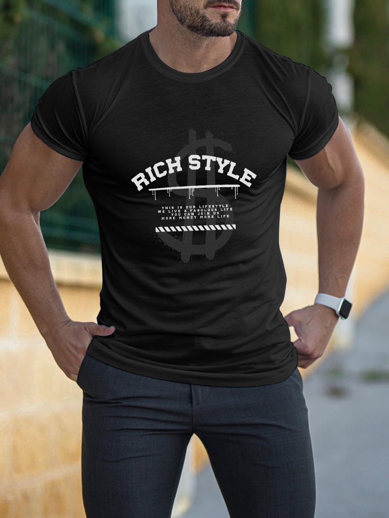 Rich Style Print T Shirt Tees Men Casual Short Sleeve T - Temu Canada
