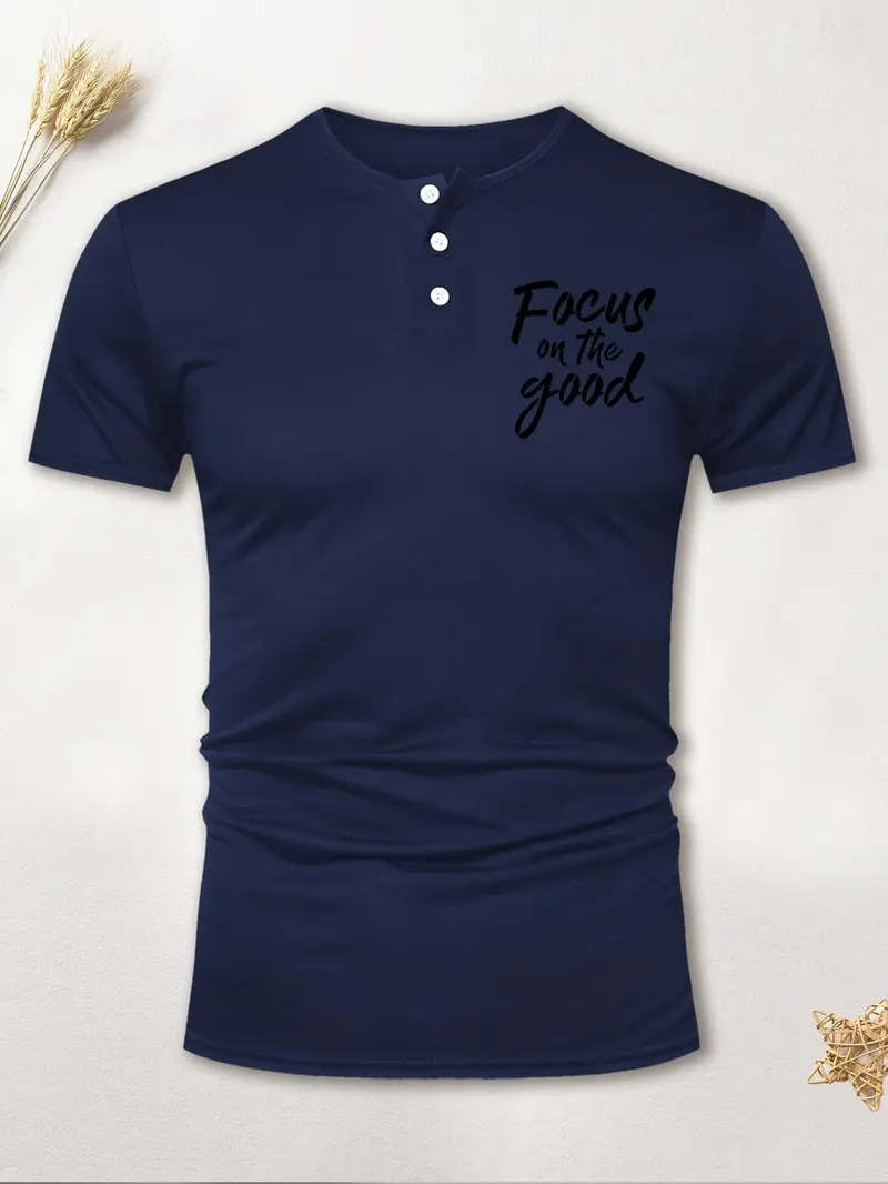 Plus Size Mens Focus Good Graphic Print Henley Shirt Temu United