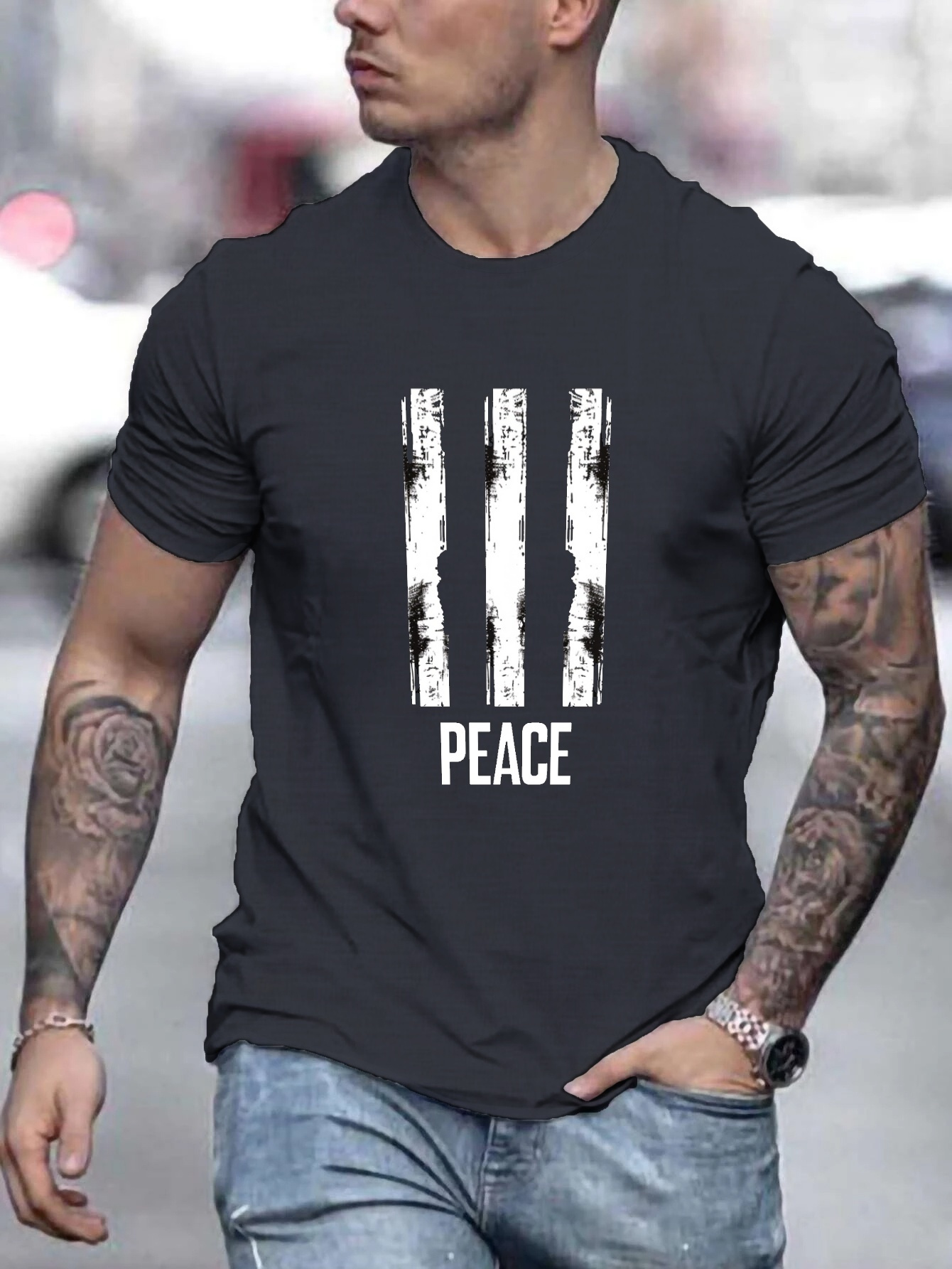Plus Size Men's Stripes "peace" Print Short Sleeve T shirts - Temu ...