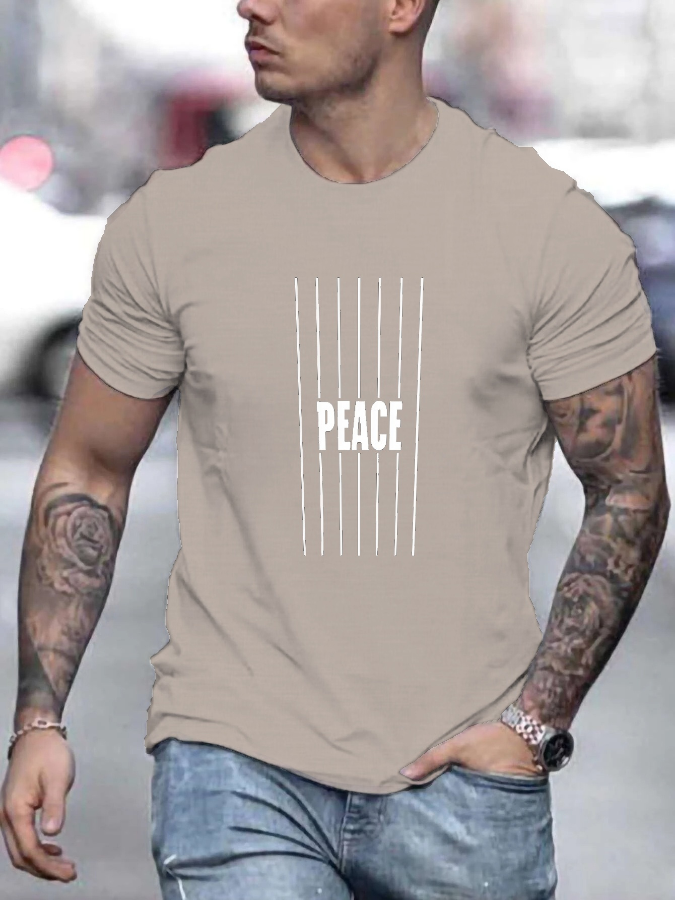 Peace Vertical Lines Graphic Print Plus Size Casual Crew - Temu Canada