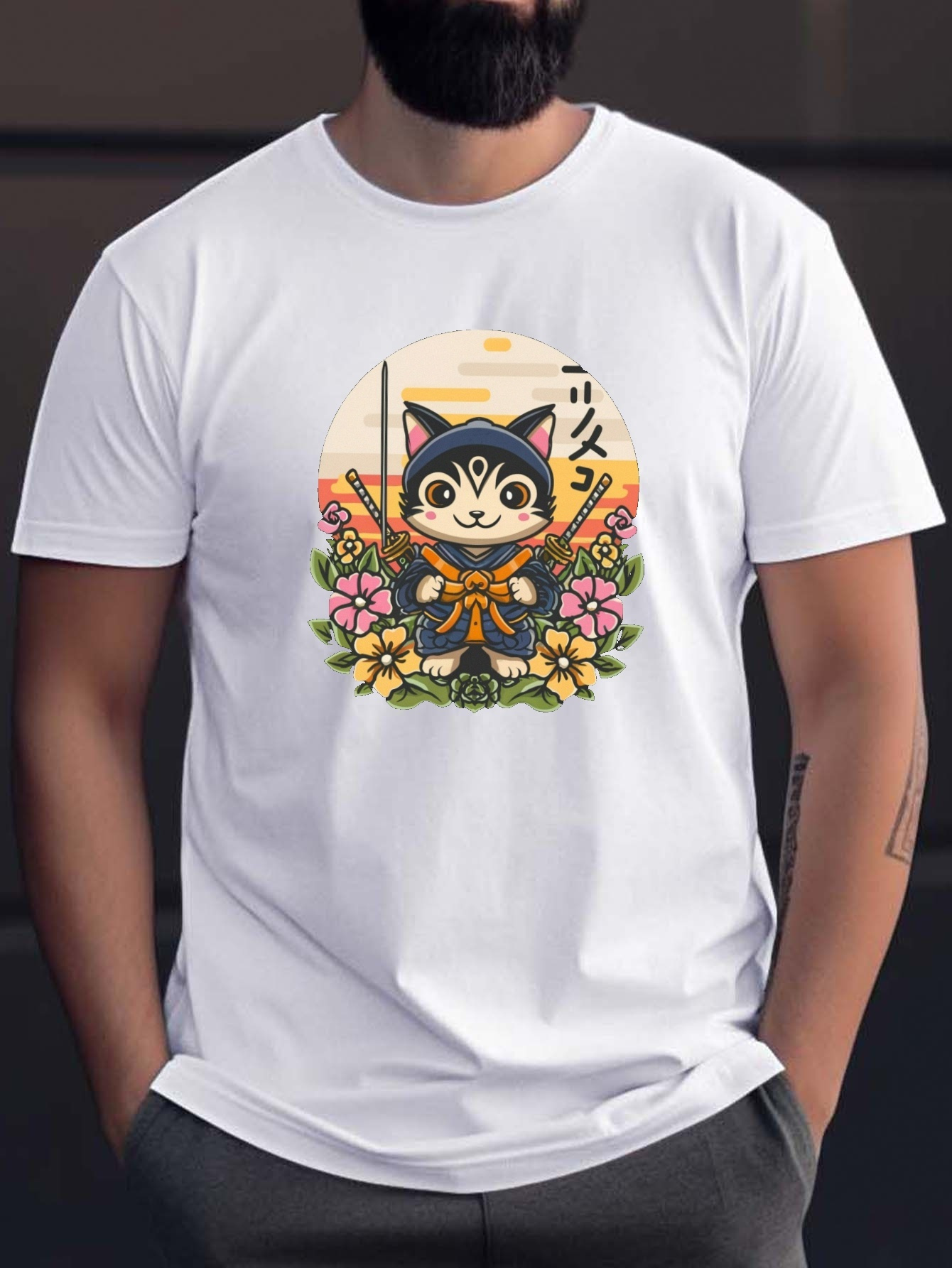 Cat Warrior Print Tee Shirt Tees Men Casual Short Sleeve T - Temu Denmark